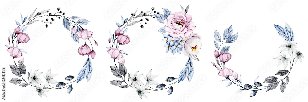 Wreaths set with watercolor flowers and leaves. Blue and pink colors ...