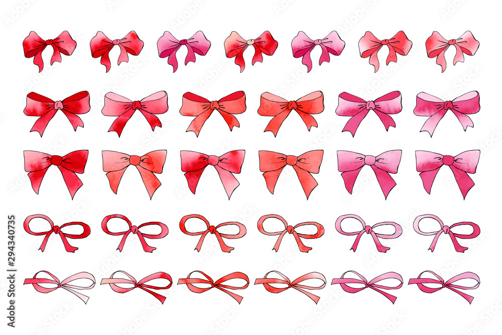 Red ribon tied bow collection with watercolor texture. Holiday design ...
