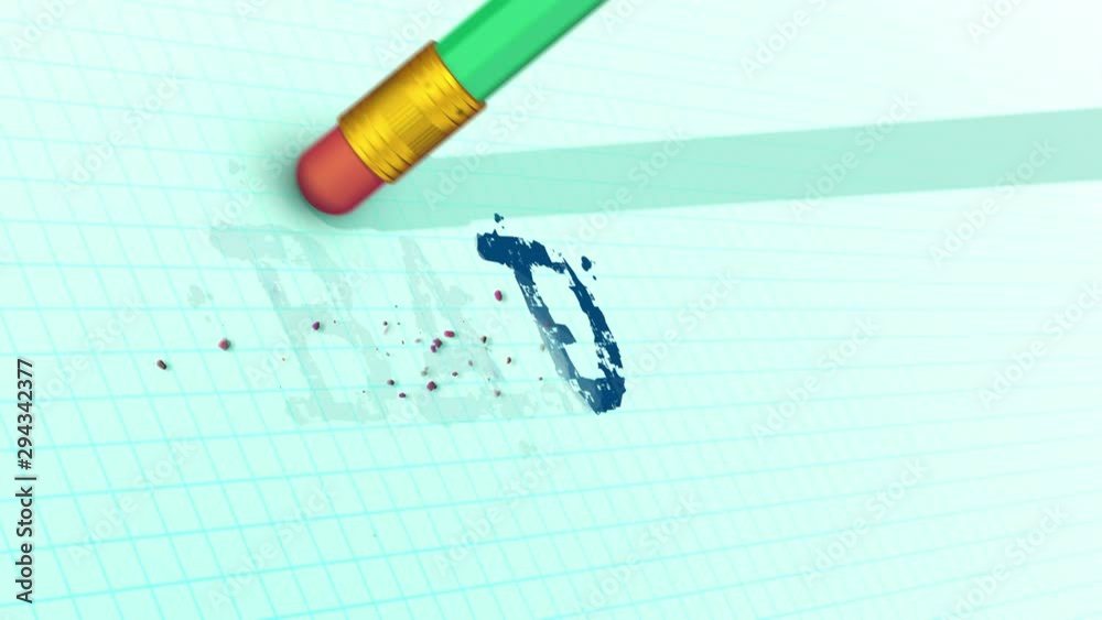 An eraser on a pencil is erasing typed word BAD from a checkered sheet ...