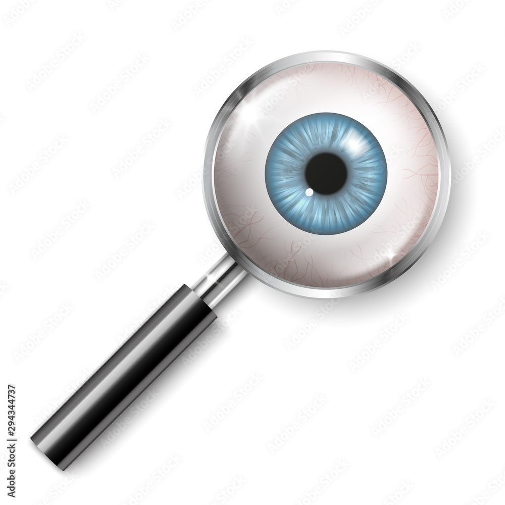 Vector realistic magnifying glass with human eyeball with blue iris ...