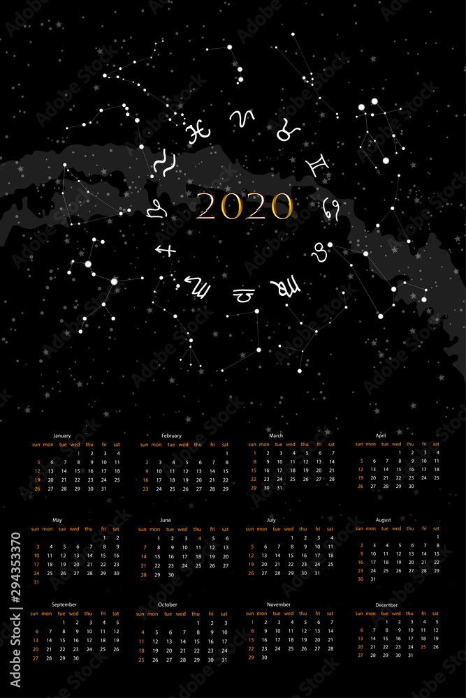 Print for wall calendar 2020 with astronomically correct constellations ...