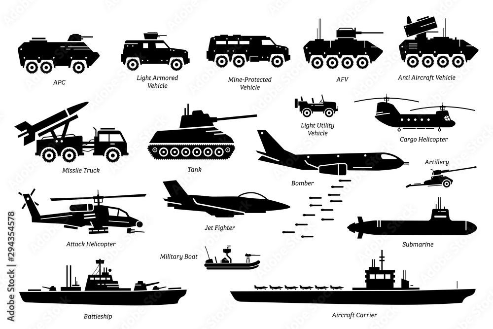 Military combat vehicles, transportation, and machine icon set. Artwork ...