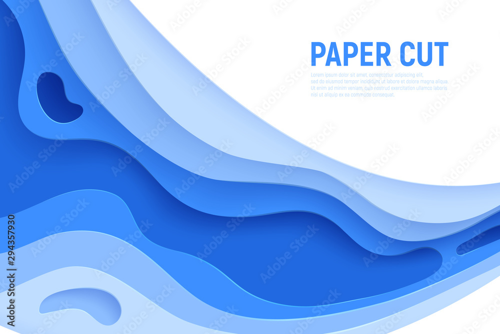 Blue paper cut banner with 3D slime abstract background and blue waves ...