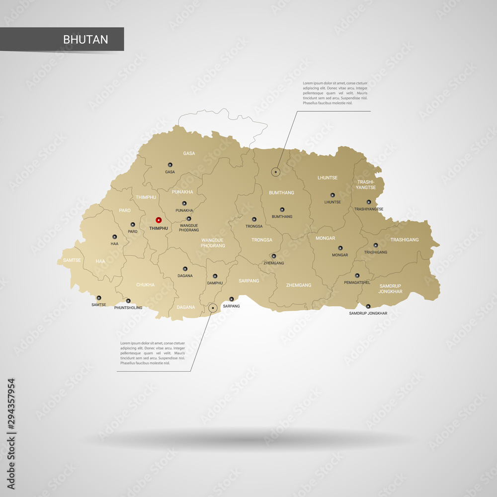 Stylized vector Bhutan map. Infographic 3d gold map illustration with ...
