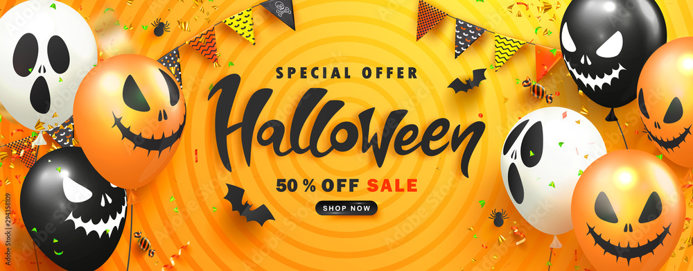 Halloween Sale Promotion Poster with scary balloons,paper bats,spiders ...