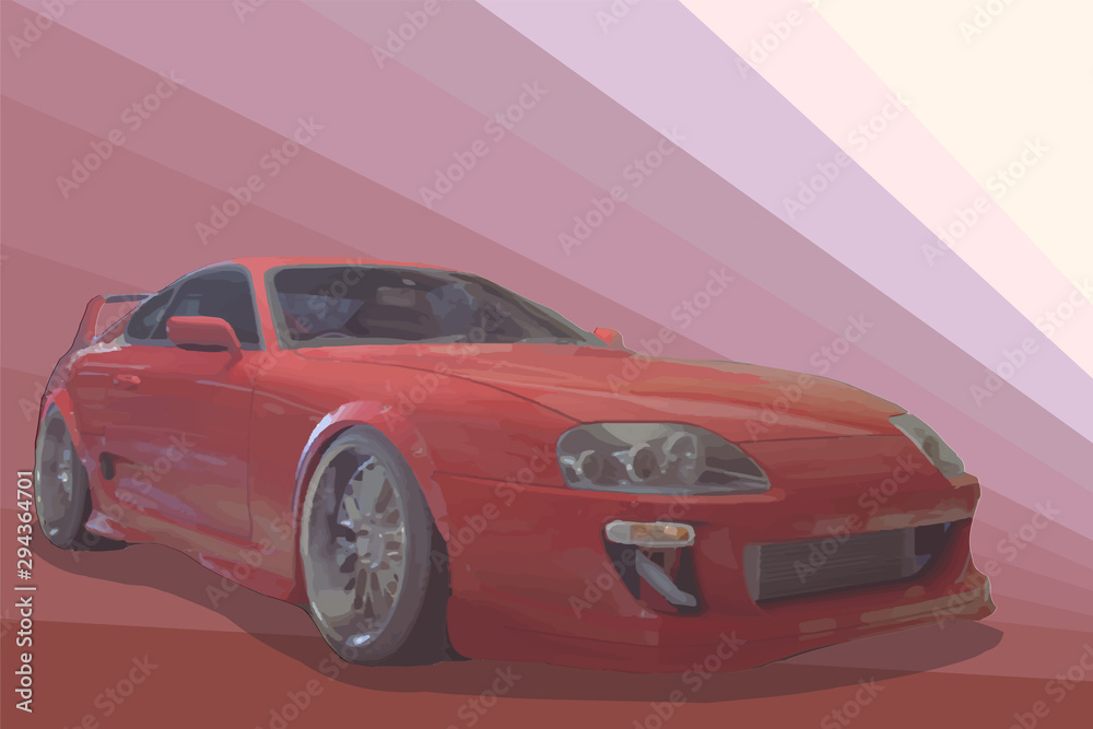 Cartoon japan tuned car on red sun background. Back view. Vector ...