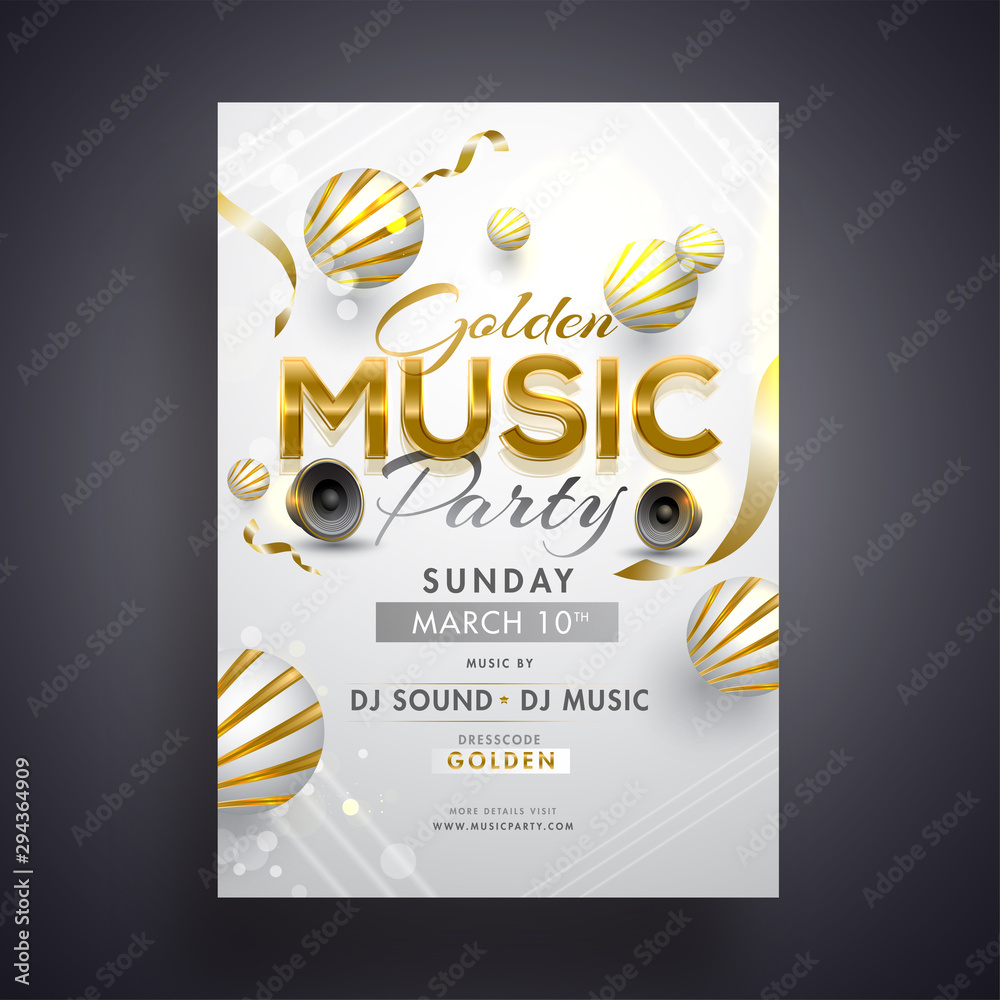 Golden music party invitation card design with woofers and 3d abstract ...