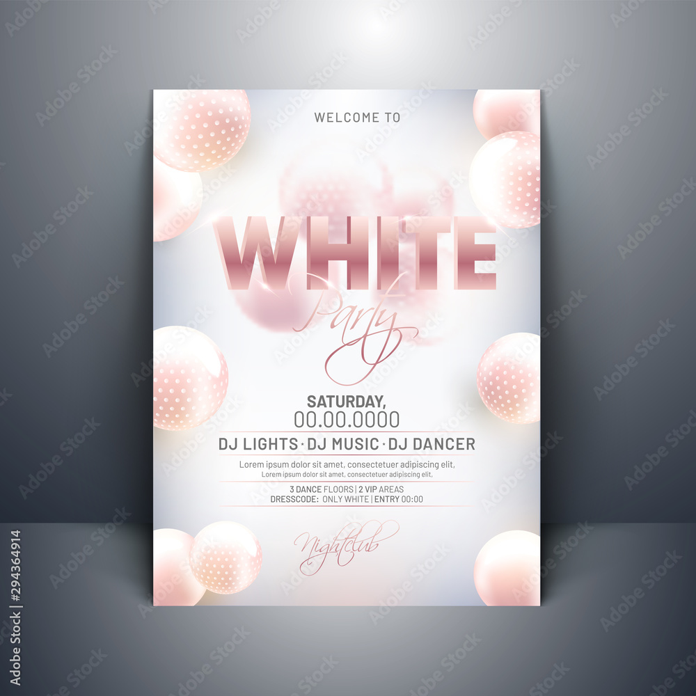 White party invitation card design with 3d abstract spheres on glossy ...