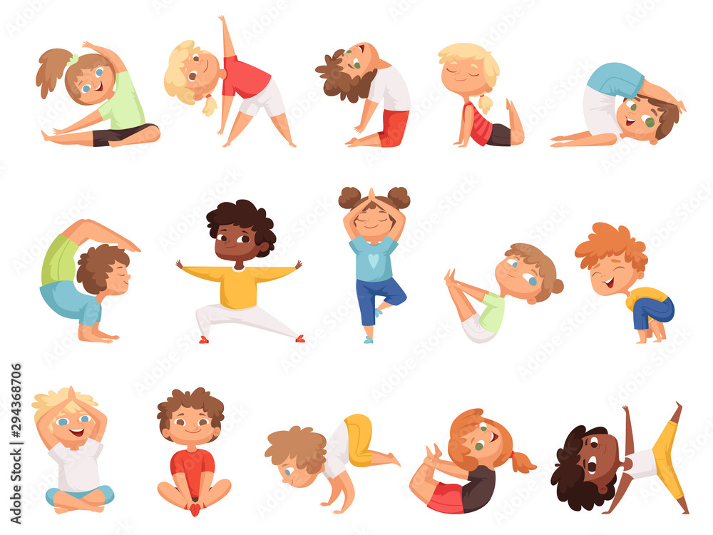 Yoga kids. Children making exercises in different poses healthy sport ...