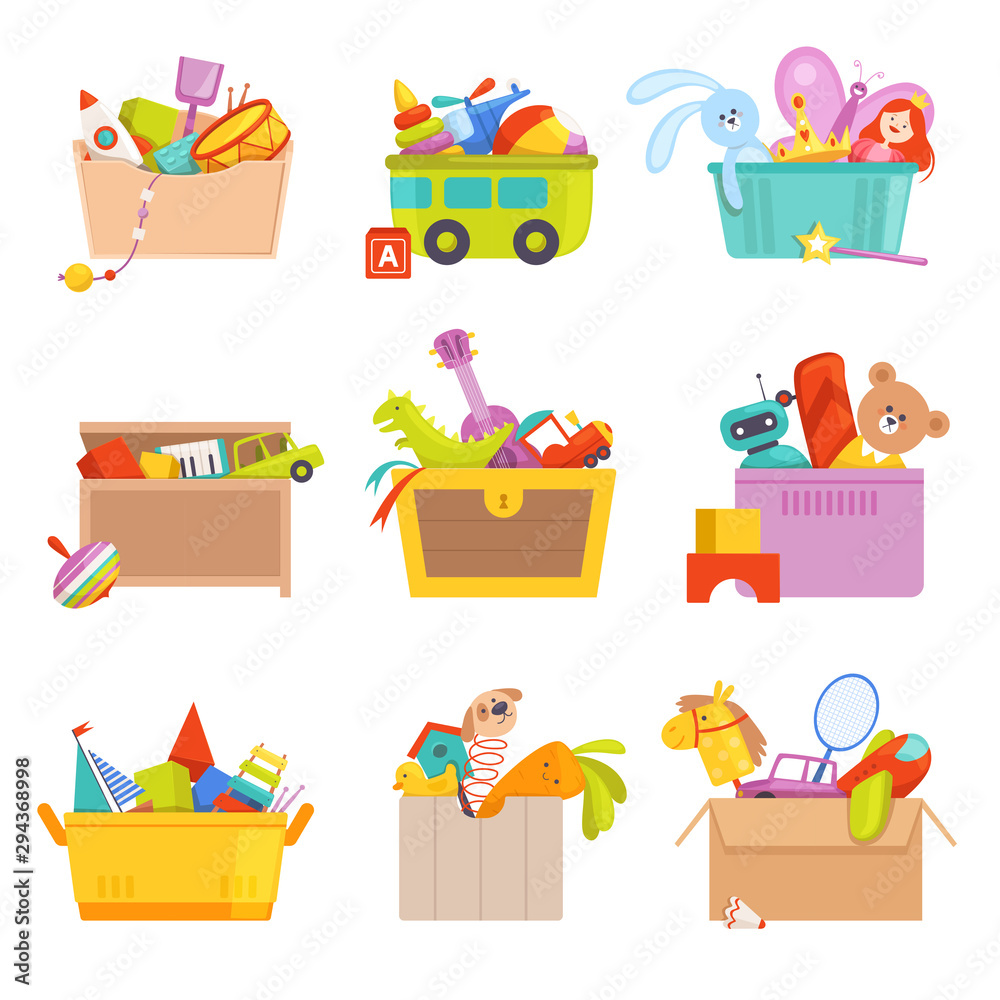 Toys box. Gifts for kids in package many toys car rocket train vector ...