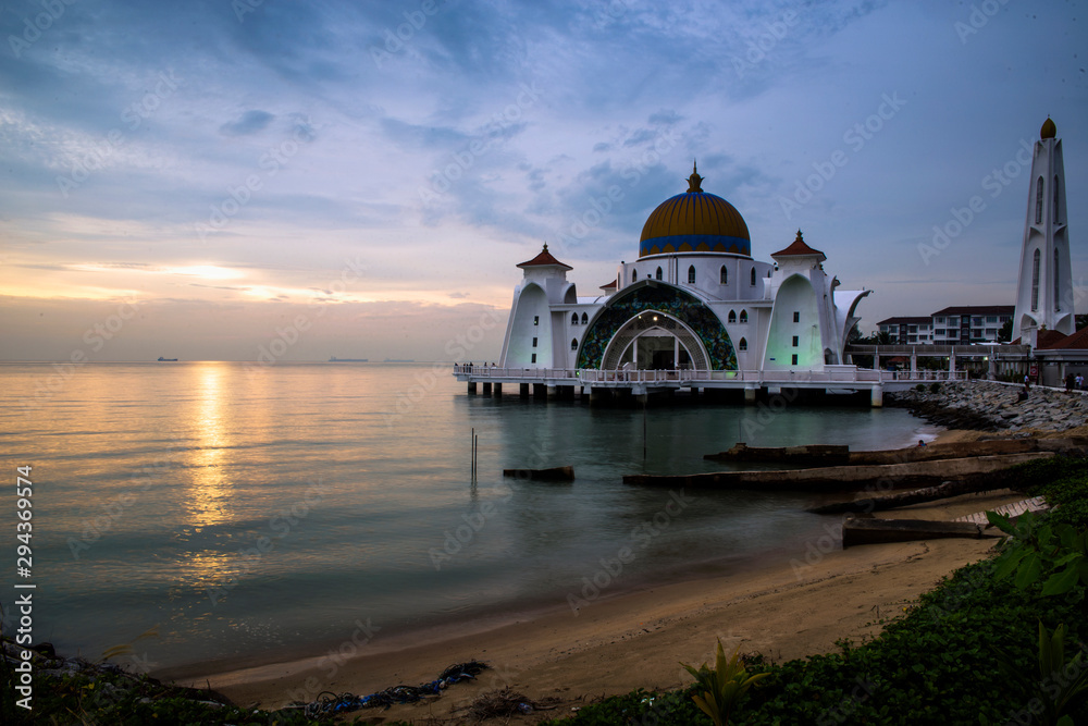 Melaka Straits Mosque at sunset, Malacca Island, Malacca City, Malacca ...