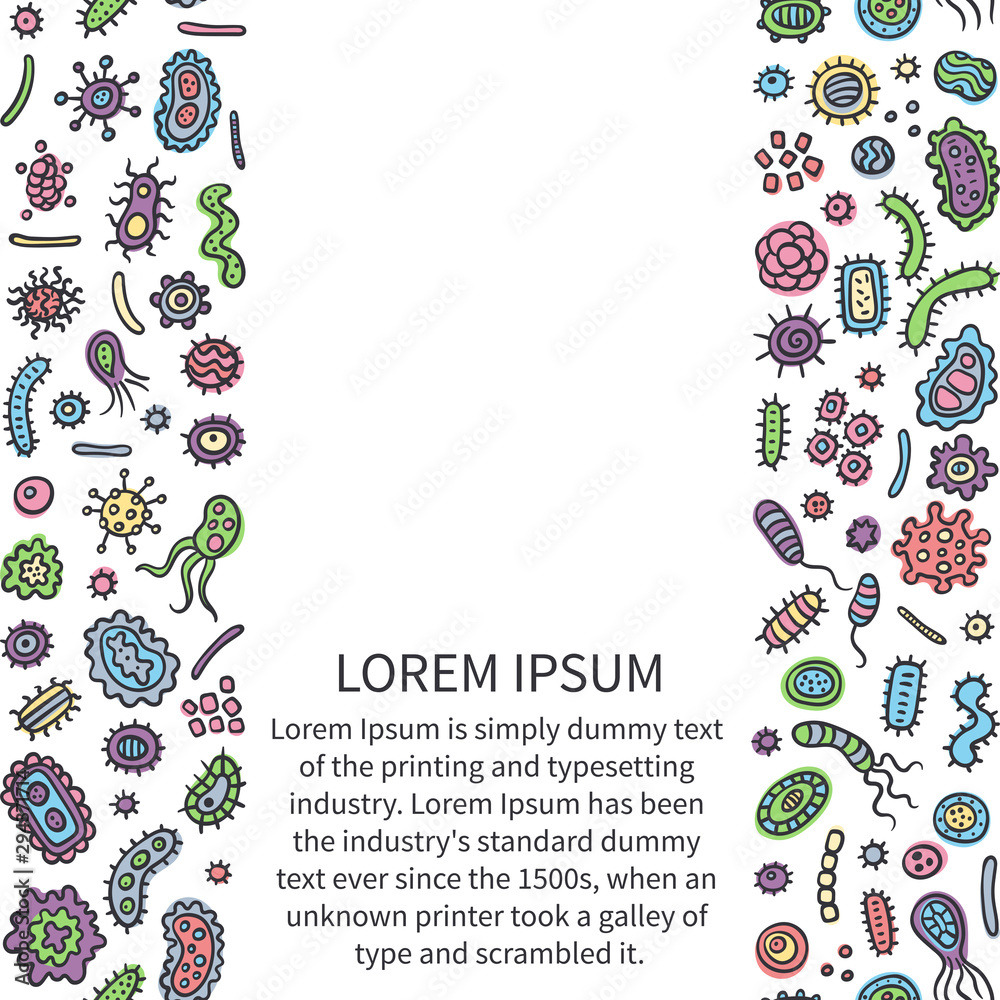 Bacteria and germs color doodle vertical pattern, micro-organisms ...