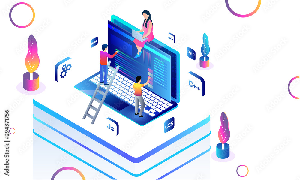 Miniature people working on laptop with different programming language ...