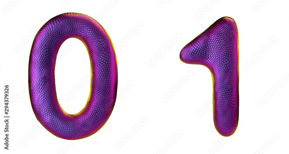 Number set 0, 1 made of realistic 3d render purple color. Collection of ...