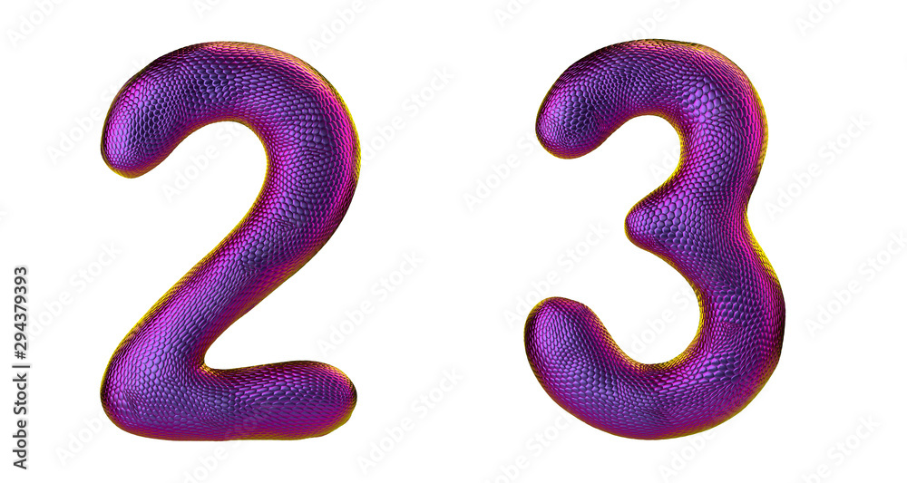Number set 2, 3 made of realistic 3d render purple color. Collection of ...