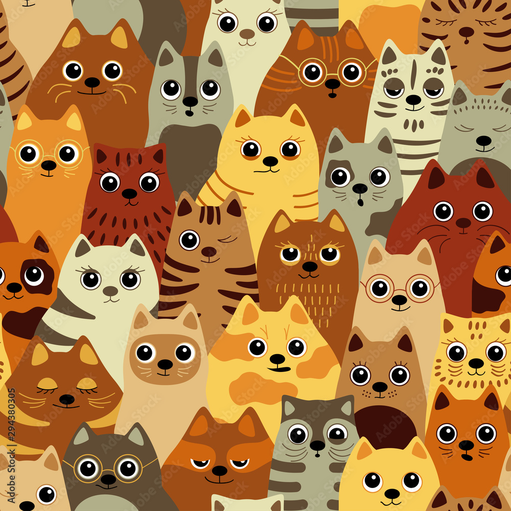 Seamless pattern with cats. Big company of cats of different breeds ...