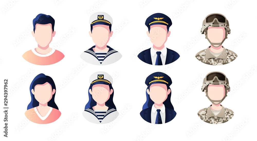 Profession, occupation people avatars set. Pilot, sailor, soldier ...