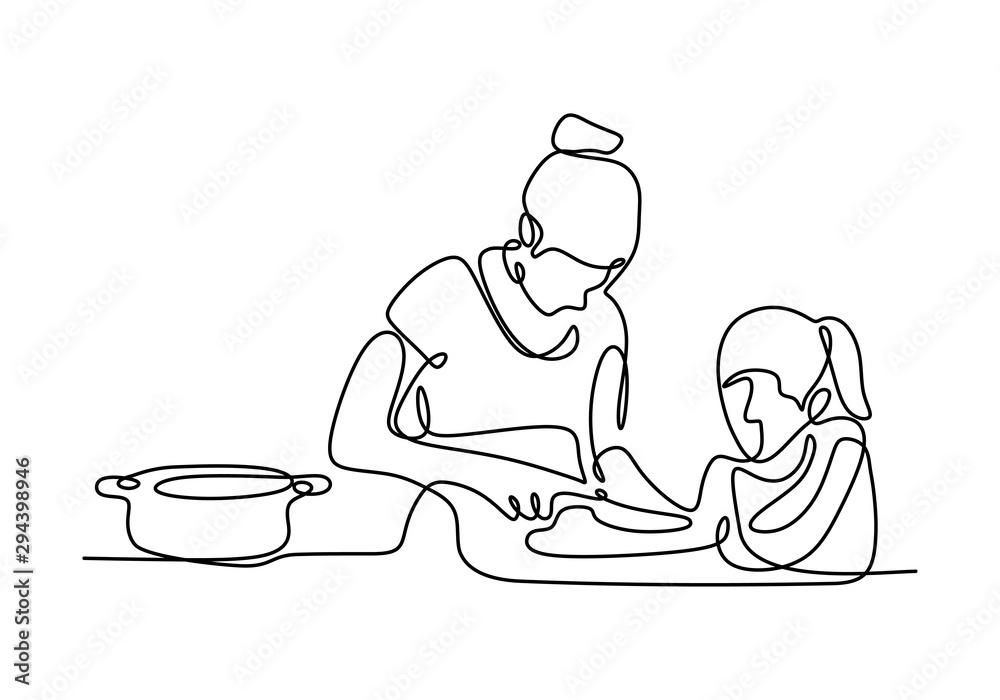 Continuous line drawing of mother and daughter cooking a food. Vector ...