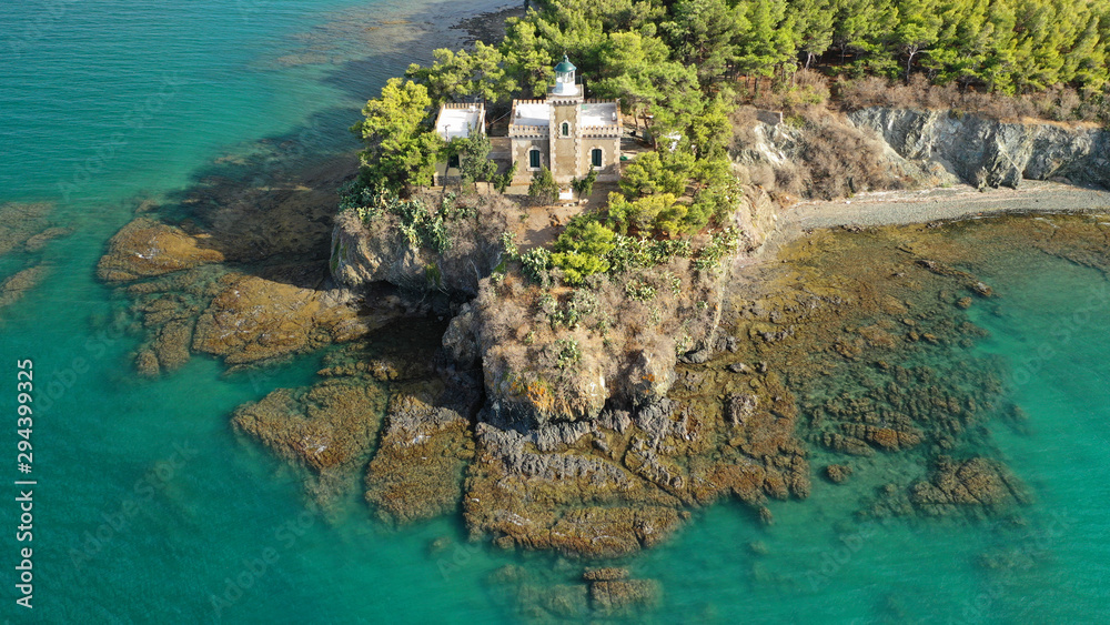 Aerial drone photo of iconic lighthouse built in small islet in famous ...