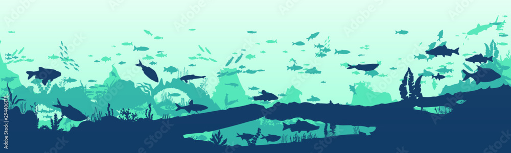 Silhouette of fish and algae on the background of reefs. Underwater ...