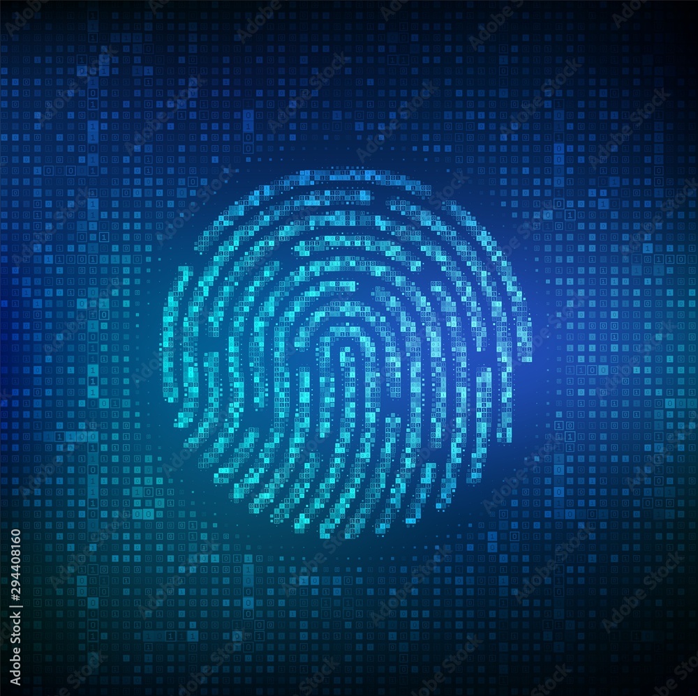 Fingerprint made with binary code. Biometrics identification and ...