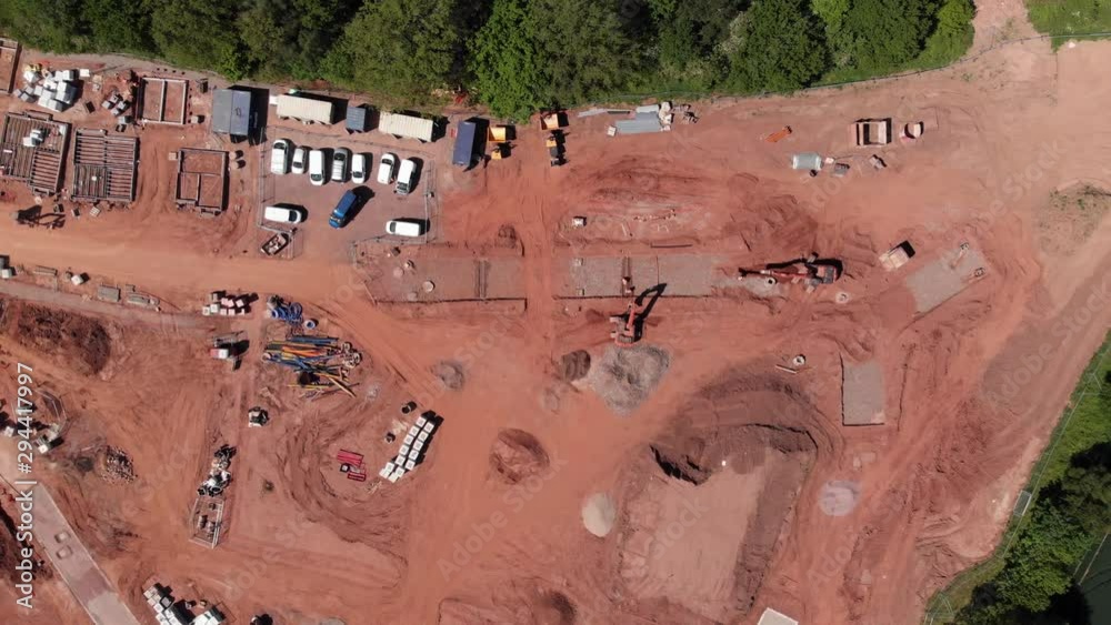 Overhead View Flying Over Working Construction Site Infrastructure ...