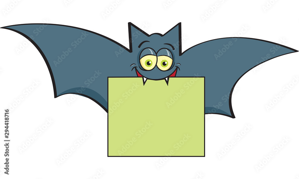 Cartoon illustration of a happy vampire bat holding a sign in it's ...