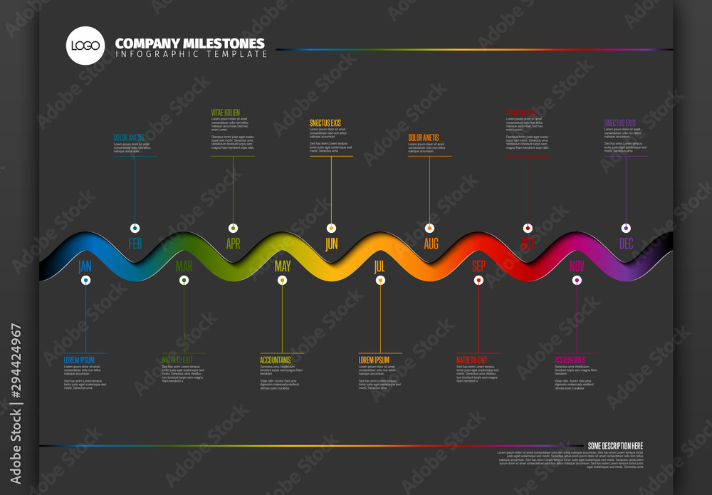 Corporate Annual Timeline Infographic with Colorful Accents Stock ...