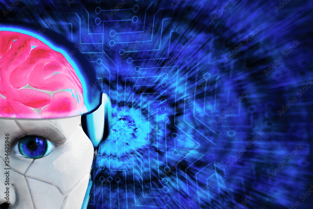 Cyborg artificial intelligence concept illustration. Closeup of robot ...