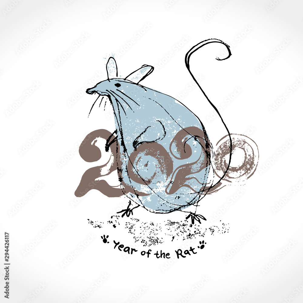 Cartoon funny fat Rat 2020. Handwritten careless brush draw template ...