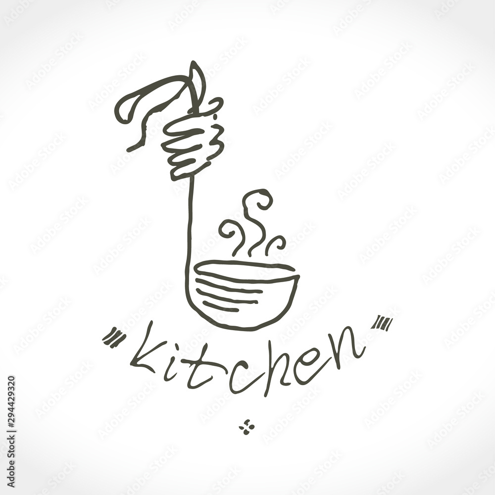 Kitchen logo hand with a ladle. Illustration as a sketch of a kitchen ...