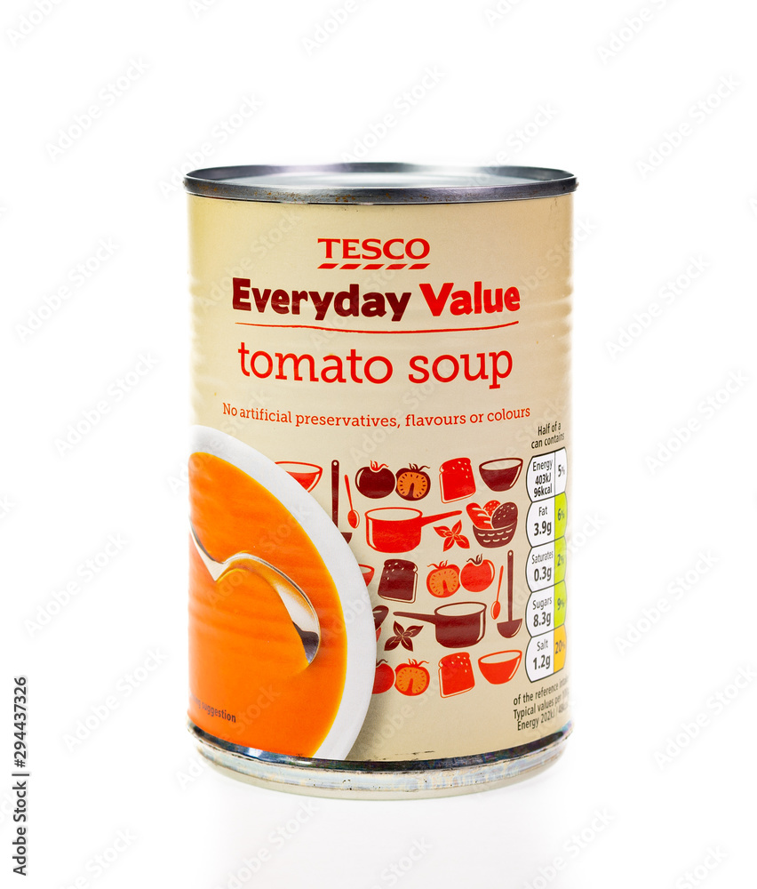 Tesco Everyday Value tomato soup on white background. Stock Photo ...