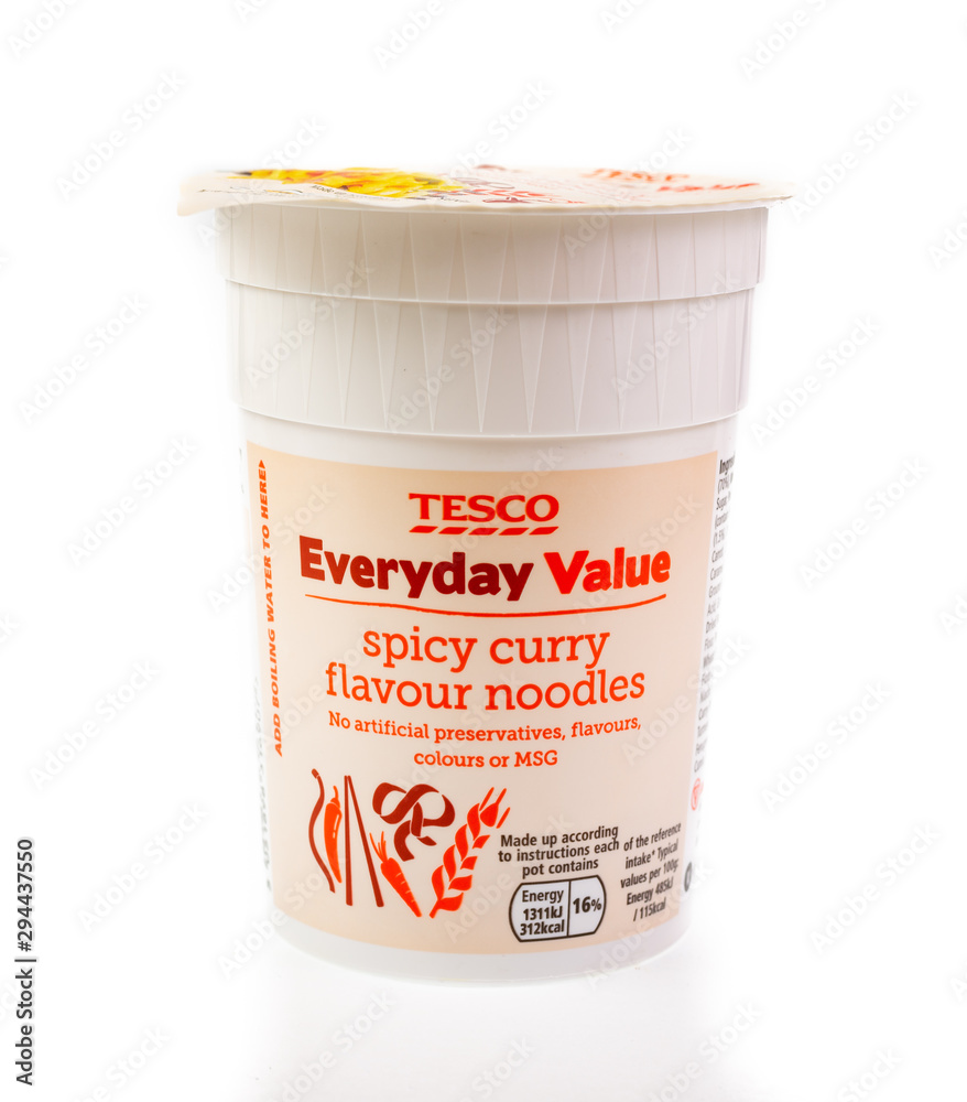 Tesco Everyday Value spicy curry flavour noodles. White background ... Tesco Everyday Value spicy curry flavour noodles. White background ...