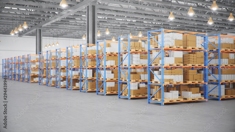 Warehouse with cardboard boxes inside on pallets racks, logistic center ...