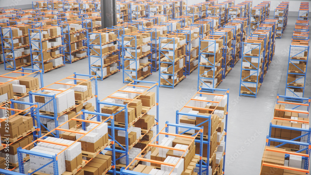 Warehouse with cardboard boxes inside on pallets racks, logistic center ...