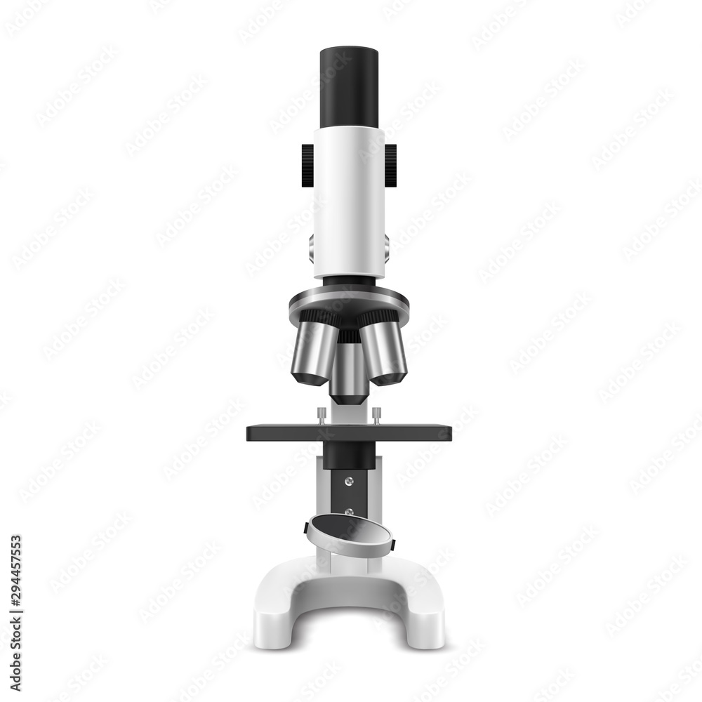 Realistic microscope front view. 3d lab or laboratory tool for ...