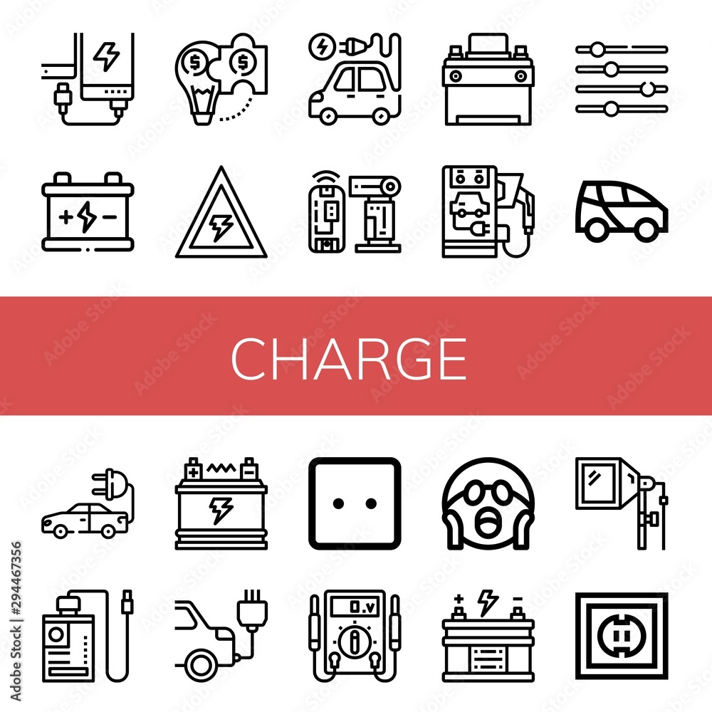 Set of charge icons such as Power bank, Battery, Hybrid solution ...