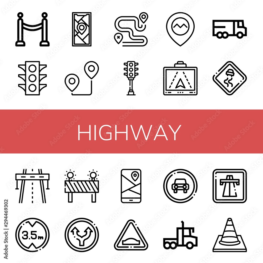 Set of highway icons such as Barrier, Traffic light, Gps, Route, Lorry ...