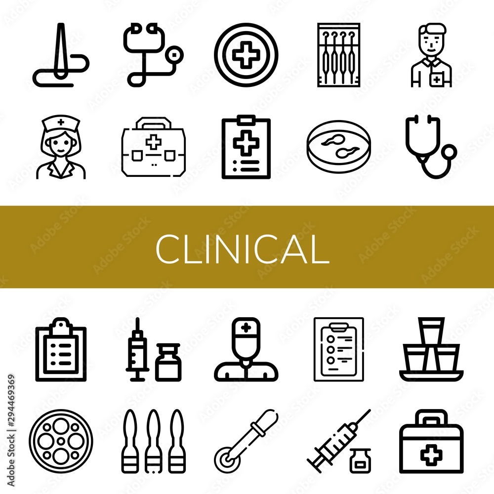 Set of clinical icons such as Needle, Nurse, Stethoscope, First aid kit ...