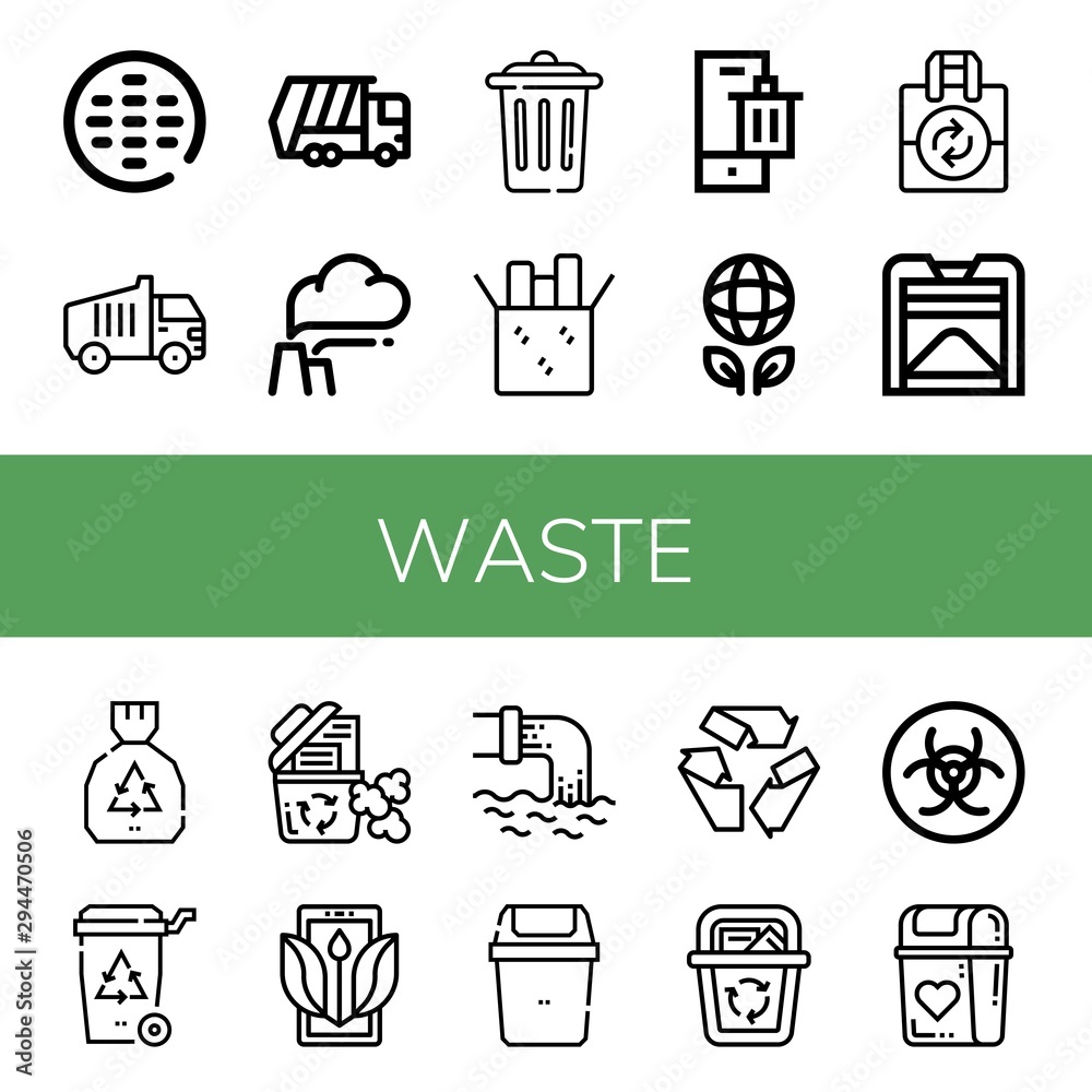 Set of waste icons such as Sewer, Garbage truck, Pollution, Trash ...