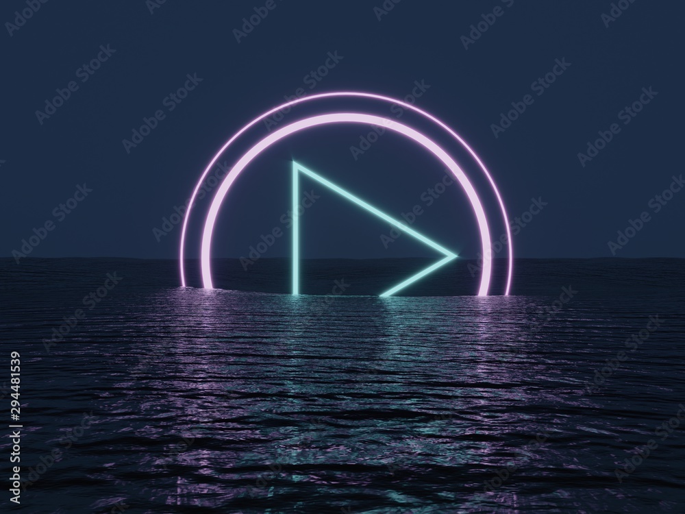 Neon music play button on wave. Musical symbol drowning in ocean with ...