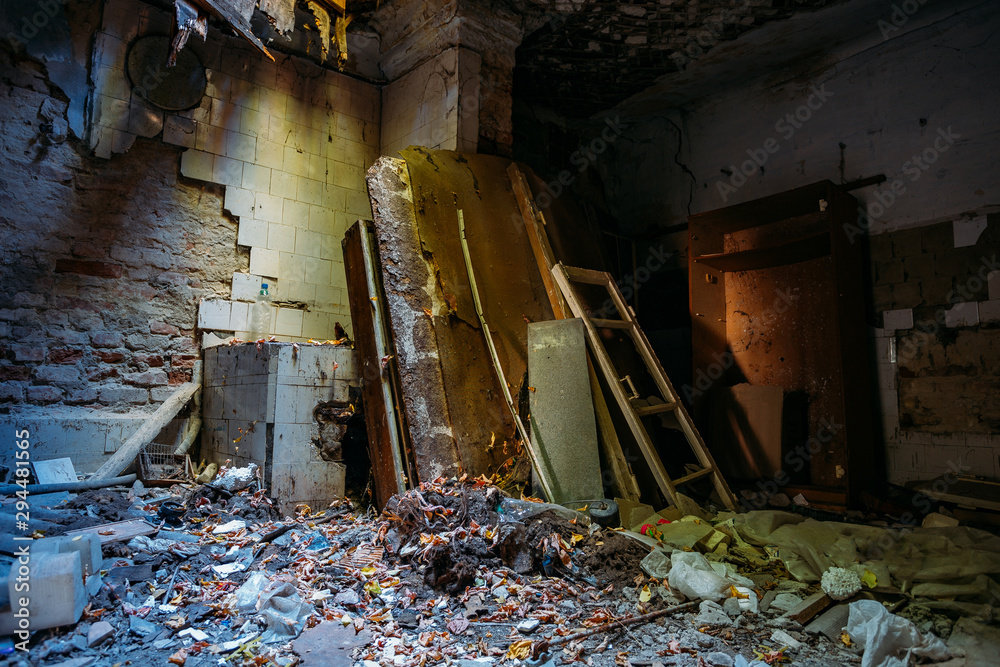 Interior of messy dirty room at old abandoned building Stock Photo ...