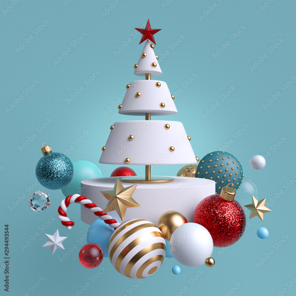 3d Christmas tree ornaments levitating, isolated on blue background ...