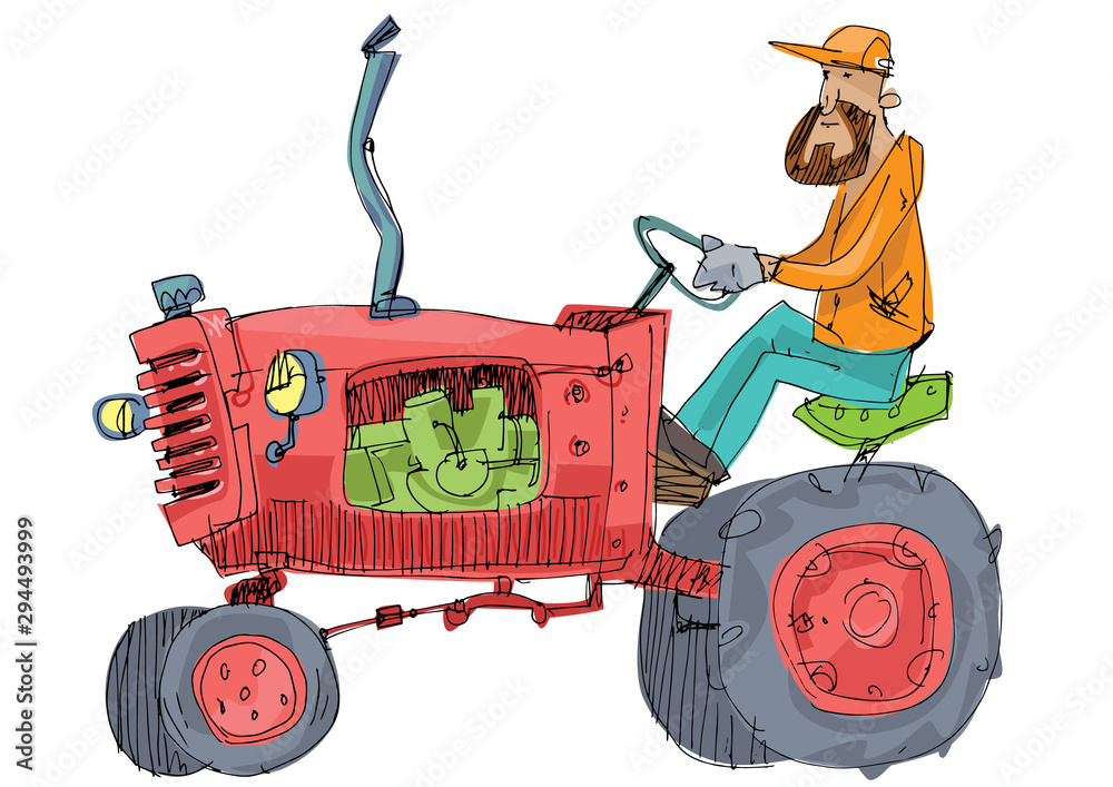 An bearded farmer is driving vintage obsolete farm tractor. Cartoon ...