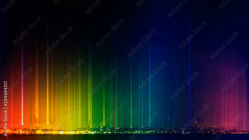 Equality city concept. Panorama colorful night city. Rainbow colors ...