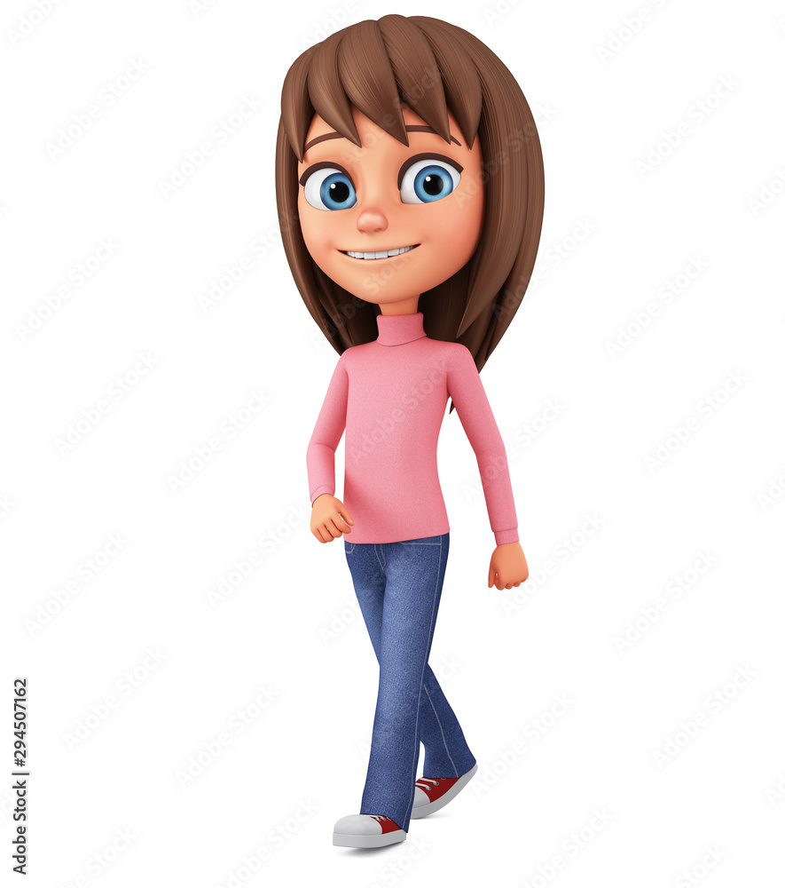 Cartoon girl character is walking on a white background. 3d rader ...