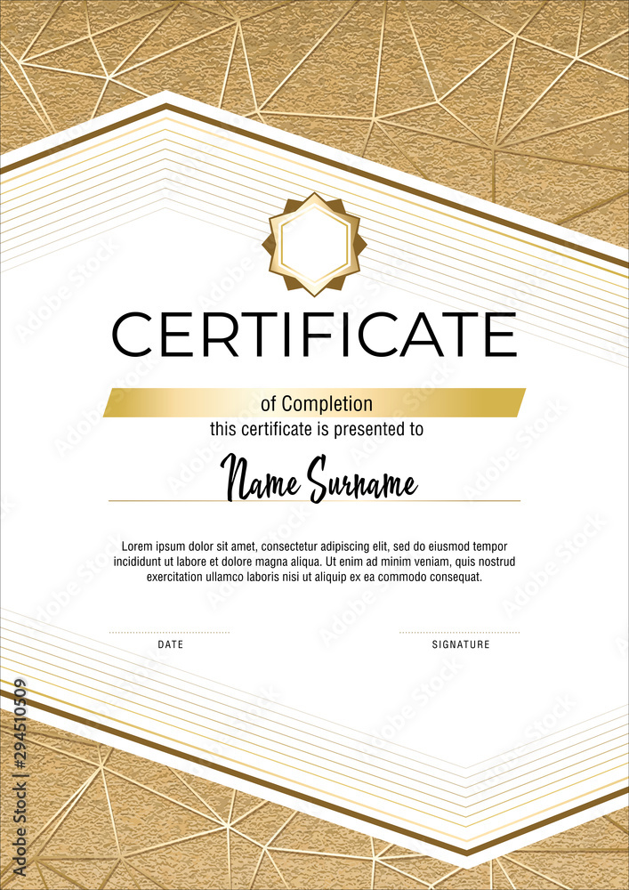 Certificate with metallic gold lines on mate gold background. Modern ...