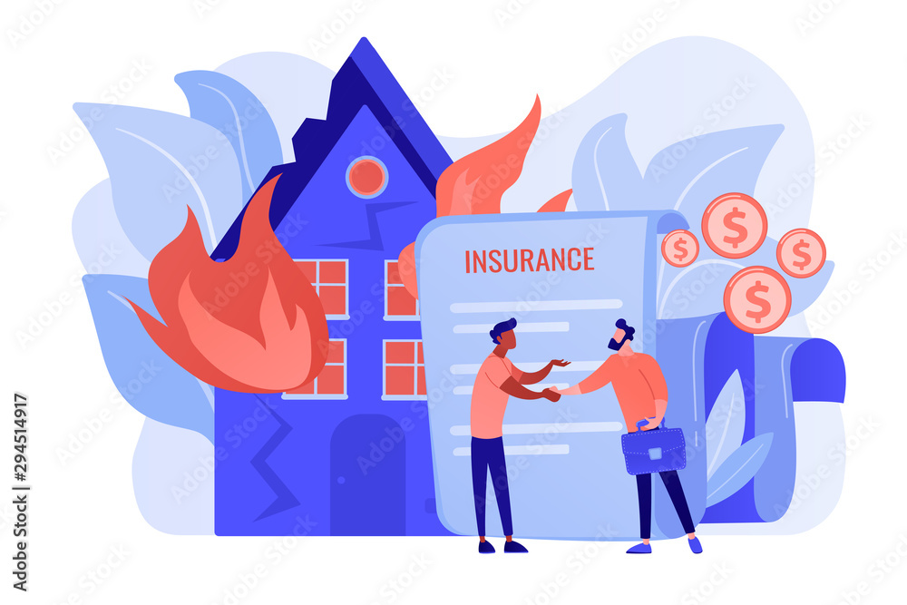 Burn house, flaming building. Insurance agent and customer flat ...