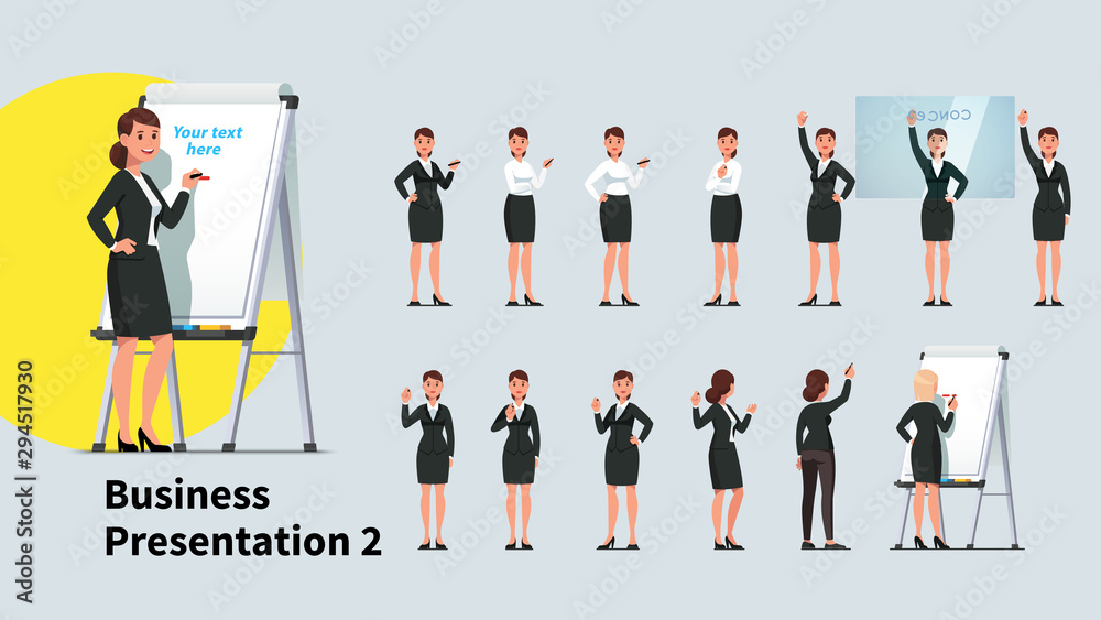 Business teacher woman giving lecture poses set Stock Vector | Adobe Stock