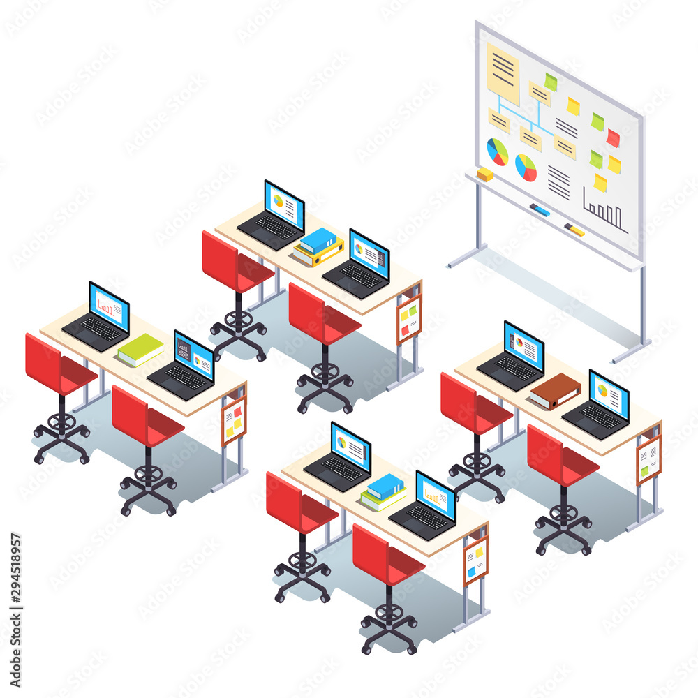 Modern technology class room with desks, chairs Stock Vector | Adobe Stock